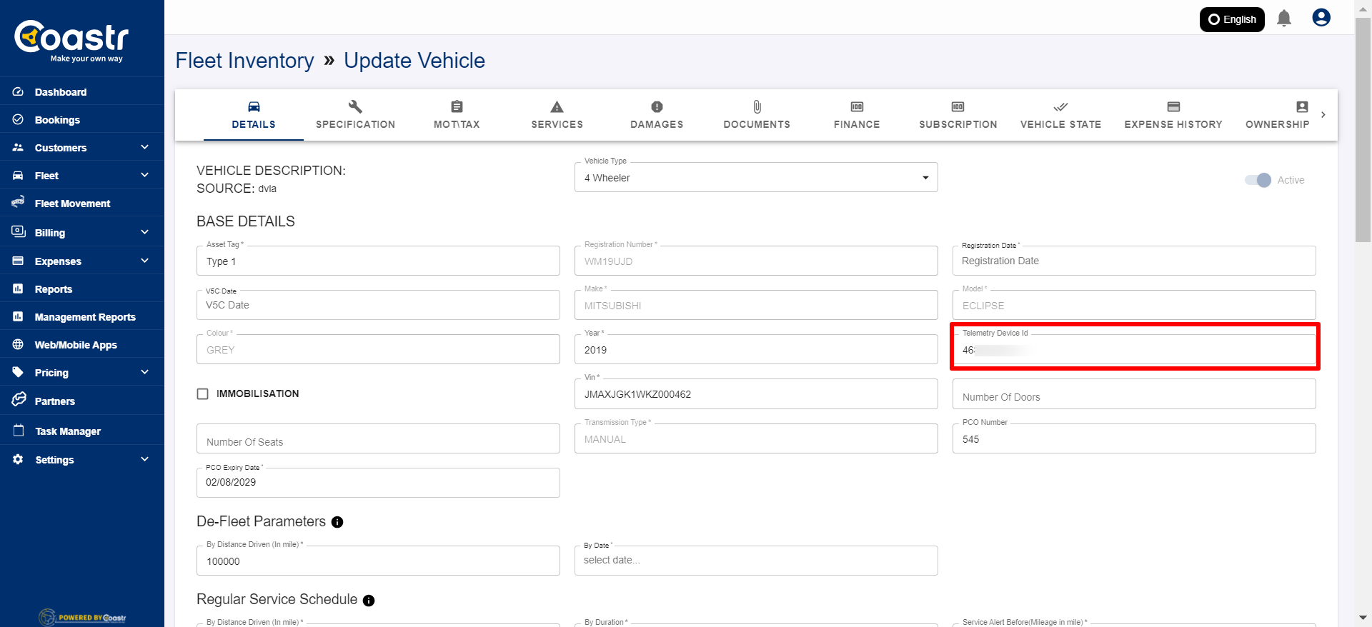 How to add the telemetry device ID (ESN) for a vehicle on Coastr?