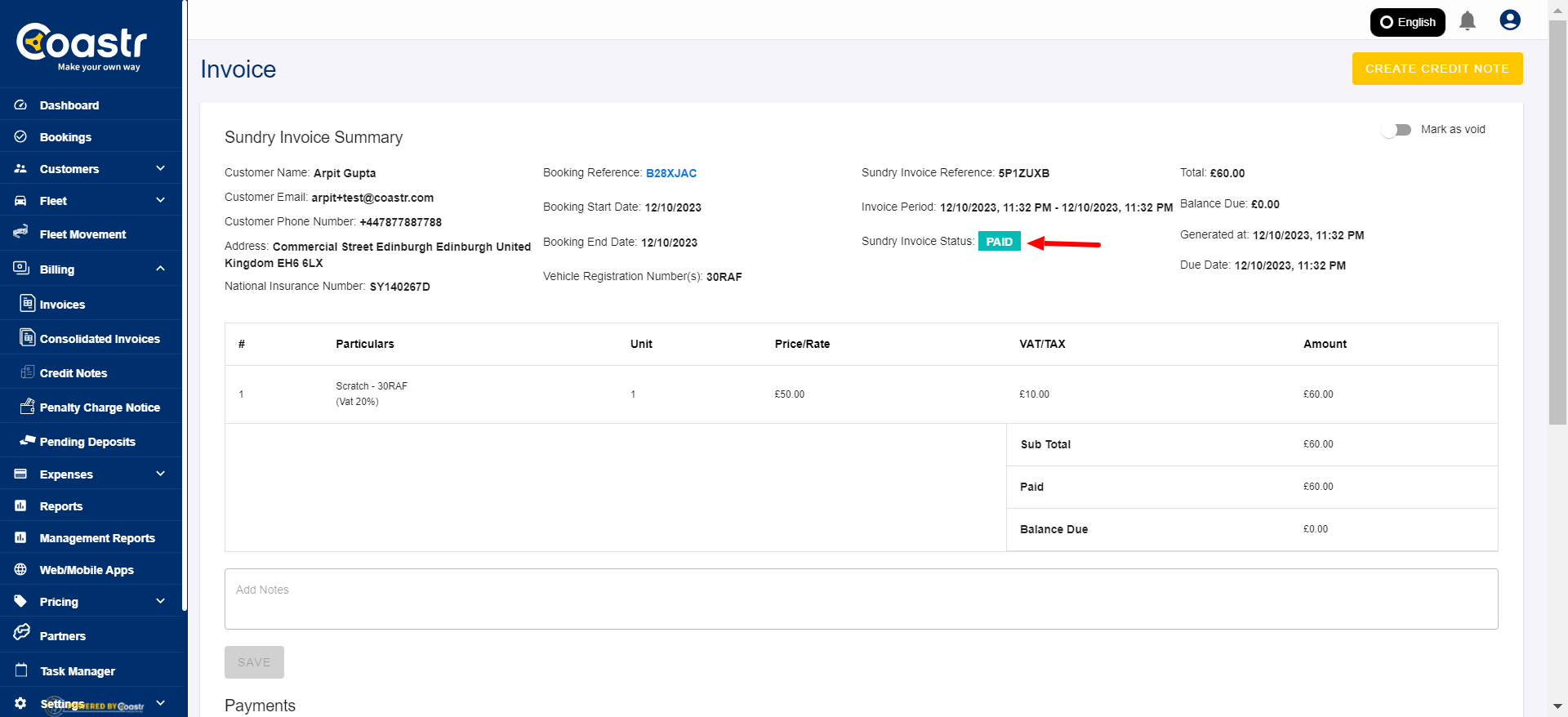 How to adjust security deposit against sundry invoices?
