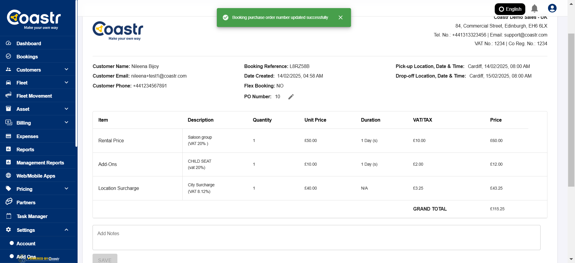 How to add PO number to individual customer booking?