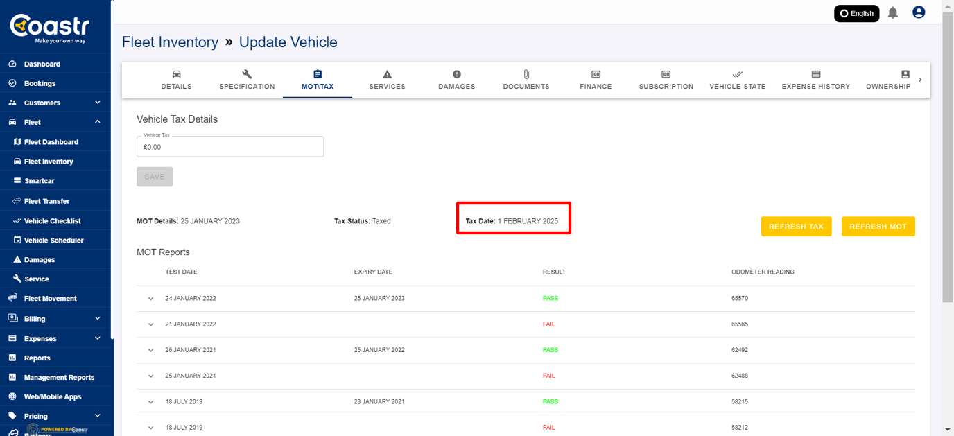 How to update the MOT and Tax for a vehicle?